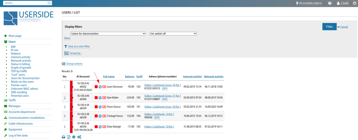 Customers for disconnection — WiKi - UserSide